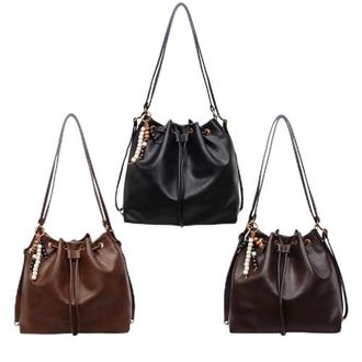 Generic Sac seau &agrave; cordon en PU pour femmes avec sac &agrave; main pendentif pour le travail de quotidien (noir)
