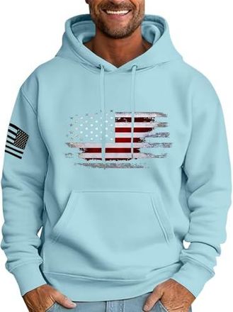 Generic Hommes Patriotique USA Drapeau Imprimé Sweat à Capuche - Unisexe Sweat à Capuche à Cordon de Serrage Pull Doux avec Poche Kanga Pour Décontracté, Bleu