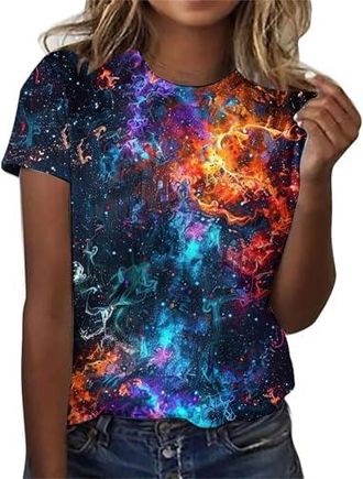 Generic T-shirt imprim&eacute; galaxie pour femme | T-shirt graphique doux &agrave; col rond et manches courtes, haut d&eacute;t&eacute; l&eacute;ger et d&eacute;contract&eacute; pour les vacances, les voyag