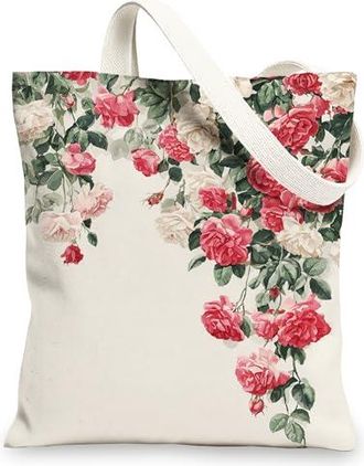 Generic Sacs fourre-tout en toile à motif floral élégant, sacs dépicerie réutilisables, vintage chic, légers et lavables avec bandoulière, crème, 13x15 Inch