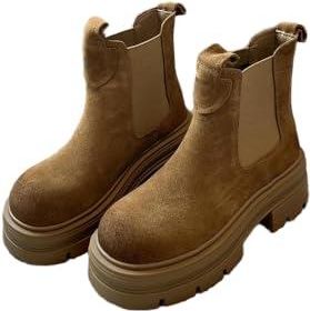 Generic QXDZSW Bottes r&eacute;tro en cuir de vache mat Chelsea Thi Bot Bottes montantes &agrave; bout rond pour femme, Camel profond., 38.5 EU