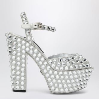 Dolce & Gabbana Bette Plateau-Sandalen aus grauem Satin mit Strasssteinen