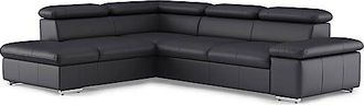 Cavadore Echtleder-Schlafcouch Valerie mit Ottomane / Ecksofa mit Bettfunktion + Kopfteilverstellung / 272 x 73 x 226 / Leder Schwarz