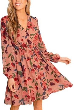 Cupshe Mini robe en mousseline de soie à imprimé floral pour femme - Manches longues paysannes - Élastique - Robe dautomne, vieux rose, XXL