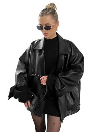 Generic Vintage marron ample col veste veste midi longueur v&ecirc;tements femme, Noir, M