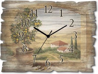 Artland Wanddeko Wanduhr ohne Tickgeräusche aus Holz Quarz Uhr lautlos Rechteckig 40x30 cm Tontopf Baum Zitronen Fenster Landschaft Toskana Italien Rustikal V