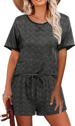 Ekouaer Ensembles de Pyjama Femme Vêtements de Nuit Manches Courtes Deux pièces Femme Sexy Chic Pyjashort Été, Gris Foncé, S