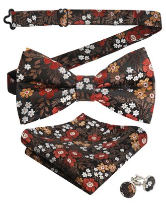 Alizeal Herren-Fliege, Einstecktuch und Manschettenkn&ouml;pfe, vorgebundene Fliege, mit Blumenmuster, klassisches Hochzeits- und Party-Set, Einheitsgr&ouml;&szlig;e