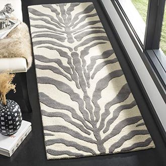 Safavieh Tapis Imprimé Animalier Salon, Salle à manger, Chambre à coucher - Cambridge Collection, Tapis à poil court, Ivoire et gris foncé, 76 X 244 cm