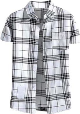 Generic Chemise &agrave; manches courtes pour homme, chemise &agrave; carreaux grande taille, chemise d&eacute;t&eacute; l&eacute;g&egrave;re, haut &agrave; carreaux &agrave; revers respirant, haut boutonn&eacute; r&eacute;tro, 
