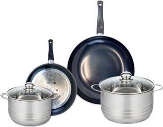 Fackelmann ELO 9735550 Batterie de cuisine 4 pièces, Ensemble de 2 Poêles de cuisson 24 et 32 cm et 2 faitouts 20 et 24 cm Elo Prima Brillant, inox, induction