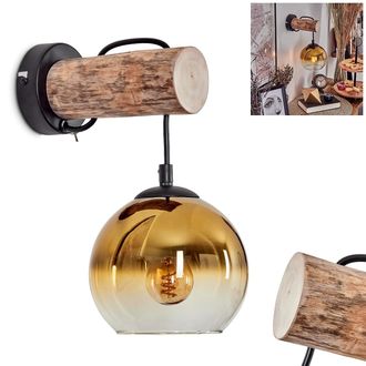 HOFSTEIN Wandleuchte Koyoto, Wandlampe aus Metall/Holz/Glas in Schwarz/Natur/Gold/Klar, Leuchte im Retro/Vintage-Design mit Schirm aus Glas (&Oslash; 15 cm) u. An/-Au