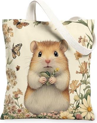 Generic Sac fourre-tout en toile motif hamster printanier pour le shopping, 33 x 38,1 cm, motif floral vintage, sac d&eacute;picerie r&eacute;utilisable pour femme, peintur
