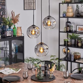 HOFSTEIN H&auml;ngeleuchte Ripoll, 3-flammige H&auml;ngelampe aus Metall/Glas in Schwarz/Rauchfarben/Klar, moderne Pendelleuchte im Retro/Vintage-Design (Schirme &Oslash; 20 cm