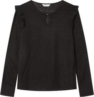 Springfield Long Sleeve T-Shirt with Front Yoke and Ruffle in Plumetti Manches Longues, Noir, L Femme