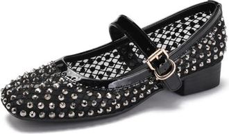 Generic Chaussures Mary Jane en maille respirante et décorée de strass pour femme - Bout carré - Légères et décontractées, Noir, 37 EU