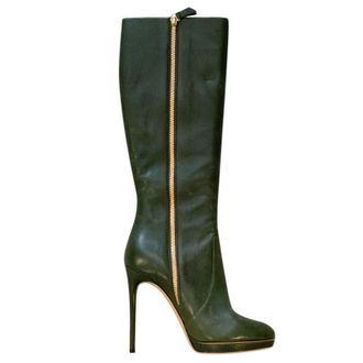 Casadei Bottle Green Leather Knee Boots Size 36.5