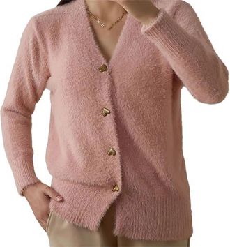 Generic Cardigan en laine pour femme avec boutons et col en V, rose, Taille XS