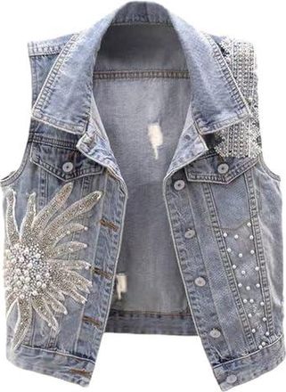Generic Gilet court sans manches en dentelle pour femme avec perles et volants, bleu, M