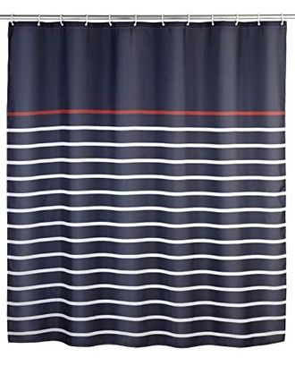 WENKO Duschvorhang Marine Blue - waschbar, mit 12 Duschvorhangringen, Polyester, 180 x 200 cm, Mehrfarbig