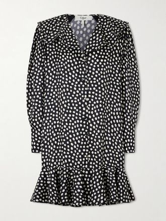Chlo&eacute; Mini-robe En Jacquard De Soie &Agrave; Pois Et &Agrave; Volants - Noir