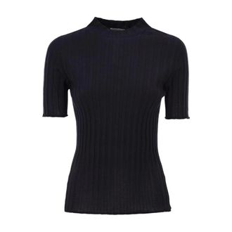 PESERICO Gerippter Kurzarmpullover mit Stehkragen - - Knitwear - Damen - Blau - XL