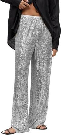 Generico Pantalon &eacute;vas&eacute; avec paillettes scintillantes taille haute avec fond de cloche pour discoth&egrave;que disque hippie r&eacute;tro ann&eacute;es 60 pantalon &agrave; jambe droite a