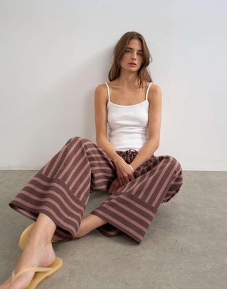 Topshop Pantalon large nou&eacute; &agrave; la taille &agrave; rayures - Marron et rose