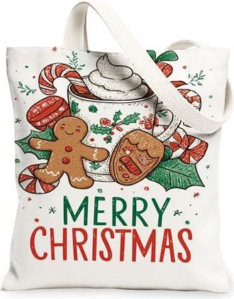 Generic Sacs fourre-tout en toile de pain d&eacute;pice de No&euml;l, motif biscuits festifs, sacs d&eacute;picerie r&eacute;utilisables, vintage, l&eacute;gers, lavables, blanc, 13x15 Inch