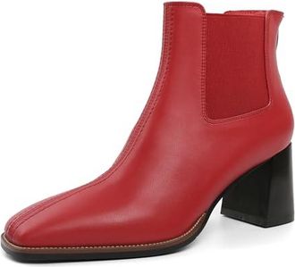 elashe Bottines Femme Talon, Boots pour Femme Rouge, Bottes avec Talon &eacute;pais Block de 6 cm - Design &agrave; Bout Carr&eacute; &Eacute;l&eacute;gant, avec Fermeture &Eacute;clair et &Eacute;lastique,