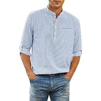 Generic Chemise en lin blanc pour homme - Chemise boutonn&eacute;e en lin pour gar&ccedil;on - Chemise fine blanche &agrave; manches longues - Coupe ajust&eacute;e - Col en V - T-shirt d