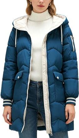 Generic Doudoune longue dhiver pour femme, manteau chaud et &eacute;pais &agrave; capuche, parka matelass&eacute;e d&eacute;contract&eacute;e avec fermeture &eacute;clair et poches, bleu, taille 4XL