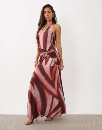 Asos robe longue dos nu avec d&eacute;tail taille torsad&eacute;e &agrave; imprim&eacute; abstrait-Multi