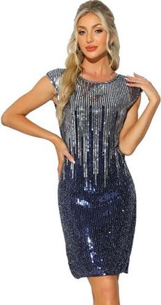 Allegra K Robe Mi-Longue &agrave; Paillettes Femme Robe M&eacute;tallique &agrave; Manches Courtes de Soir&eacute;e pour Bo&icirc;te de Nuit Robes Scintillantes &agrave; Sequins Costume de No&euml;l Bleu Ar
