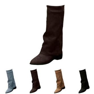 Generic Bottes western pour femme - Veau large - Bottes en daim - Bottes mi-mollet confortables - Bottes de marche tendance à bout rond avec talon bas et épai