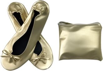 Minetom Damen M&auml;dchen Faltbare Ballerina Bequem Flache Ballerinas Casual Komfort Weich PU Leder Party Hochzeit Schuhe mit Tragetasche A Champagne 39/40 EU