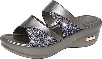 Frcolor Sandales Femme Semelle Épaisse Compensée Mules Poisson Chic pour Plage Confortables et Faciles à Enfiler Décor Brillant Gris