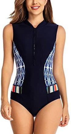 Feoya Maillot de Bain Femme 1 Pi&egrave;ce sans Manches &Eacute;l&eacute;gant Imprim&eacute; Maillot Rashguard avec Fermeture Eclair Avant Combinaison de Natation Monokini Body Couleur