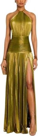 Generic Robe pliss&eacute;e m&eacute;tallique sexy pour femme - Sans manches - Dos nu - Fermeture &eacute;clair - Robe longue et brillante, dor&eacute;, XXL