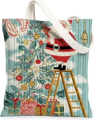 Generic Sac fourre-tout en toile motif sapin de No&euml;l, design vintage, l&eacute;ger, lavable, festif et r&eacute;utilisable, avec bandouli&egrave;re, Rouge, 13x15 Inch