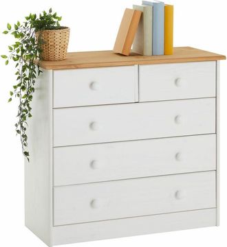 IDIMEX Commode en pin rondo, 2+3 tiroirs, lasuré blanc et brun