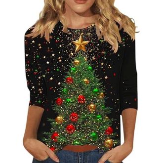 Generic Hauts de Noël pour femme - Haut à manches 3/4 - T-shirt de Noël amusant - T-shirt décontracté pour femme - Chemisier de Noël - Tenues dhiver pour les 
