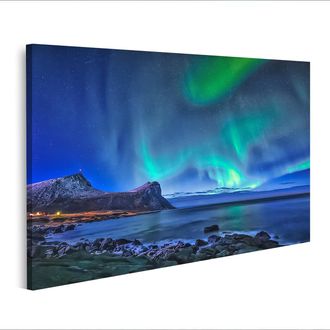 Islandburner Leinwandbild Nordlichter ueber felsiger Kuestenlandschaft bei Nacht - Leinwand 100x57cm