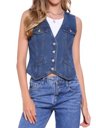 Allegra K Damen &Auml;rmellose Denim Weste mit Knopfleiste V-Ausschnitt Jeansweste Jacke Dunkelblau M