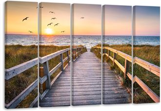 Feeby Wandbilder 200x100 cm Sonnenuntergang Wellen Strand 5 tlg Modern Leinwandbilder Bilder Bild auf Leinwand Design Wohnzimmer Schlafzimmer Flur Büro Ozea