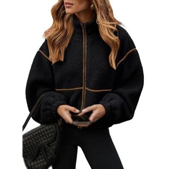 Generic Veste polaire surdimensionn&eacute;e &agrave; fermeture &eacute;clair pour femme, manteaux dext&eacute;rieur chauds avec poches, v&ecirc;tements tendance dautomne 2025, Noir, XXL