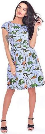 Run & Fly Femmes Années 50 Années 60 Rétro Dinomite Dinosaure Thé Robe Soirée - Heather Bleu, 16