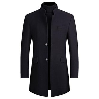 Generic Manteau mi-long en laine mélangée à simple boutonnage avec revers cranté et coupe ajustée pour homme, bleu marine, 3XL
