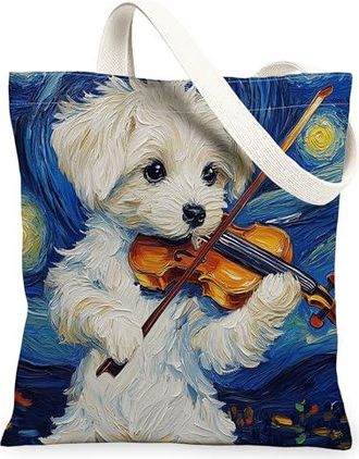 Generic Sac fourre-tout en toile pour le shopping Motif chien maltais 33 x 38 cm, motif violon nocturne &eacute;toil&eacute;, sac d&eacute;picerie r&eacute;utilisable pour femme, animal 