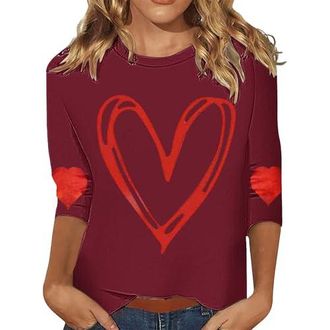 Generic Chemise de Saint-Valentin 2026 pour femme - Imprim&eacute; coeur - Longueur 3/4 - En coton - Col rond - Pour la vie quotidienne, les rendez-vous galants, bor